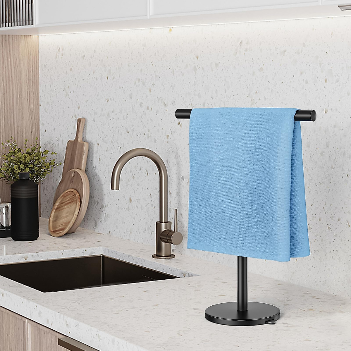 PUWWOT T-Shape Hand Towel Holder Stand with Large Suction Cup Base, Free Standing Hand Towel Rack for Bathroom or Kitchen Countertop, Stainless Steel (Black)