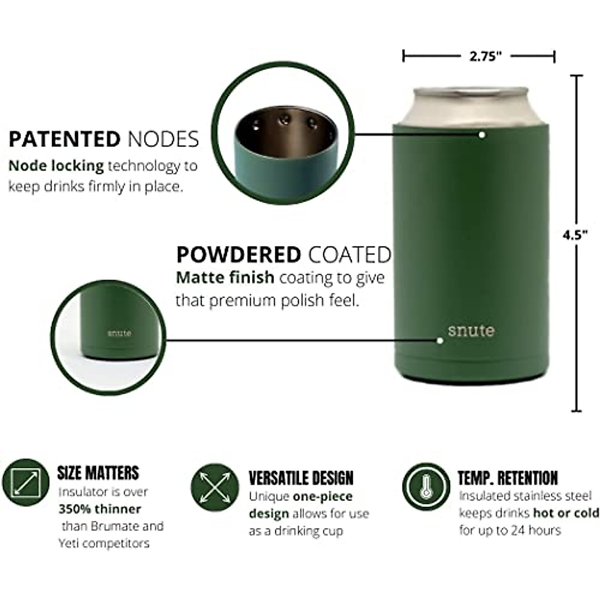 Snute Standard Can Cooler for Beer, Soda, Sparkling Water | Vacuum Insulated Stainless Steel Drink Sleeve Holder for 12oz Regular Cans (Olive)