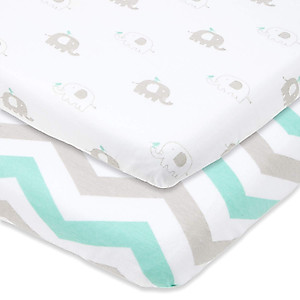 Bassinet Sheets 20x30 Inch for Graco Travel Lite Crib, Sense2Snooze, My View 4 in 1, Dream Suite and Guava Bassinet – 100% Jersey Cotton Fitted Sheets – Grey, Mint – 2 Pack