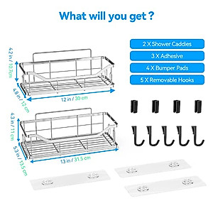 Rziawssa Shower Caddy, Shower Organizer(2Pack), Adhesive Shower Shelves Basket With 4+5 Hooks, No Drilling, Large Capacity, Rustproof Stainless Steel Wall-Mounted Bathroom Shower Shelf, Silver