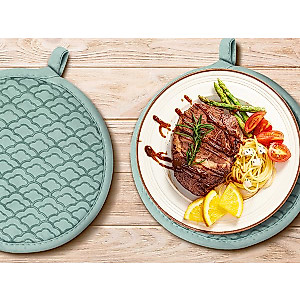 Tuff4ever Pot Holders Oven Mitts 2-in-1 with Non-Slip Silicone Grip, Heat Resistant Hot Pads for Kitchen Baking Cooking 8 Inches 2 Pcs - Green