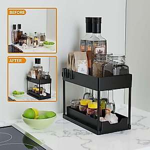 LONONE Black Under Sink Organizer Metal Under Sink Organizers and Storage 2 Tier Sliding Cabinet Organizer Pull Out Shelves Under Kitchen Sink