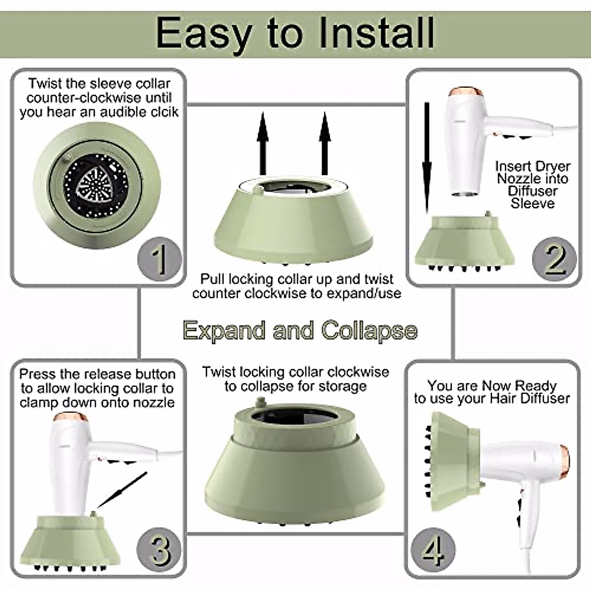 Universal Hair Diffuser Portable Hair Dryer Attachment for Blow Dryer Nozzles from 1.5 to 3.0 inch Diameter with Shampoo Brush (Green)