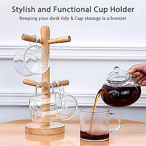 Aquach Coffee Glass Mugs Set of 4, 12 oz, Including Wooden Cup Holder Tree, 6 Hooks
