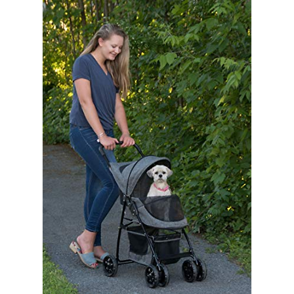 Pet Gear Happy Trails Lite Pet Stroller for Cats/Dogs, Zipper Entry, Easy Fold with Removable Liner, Safety Tether, Storage Basket