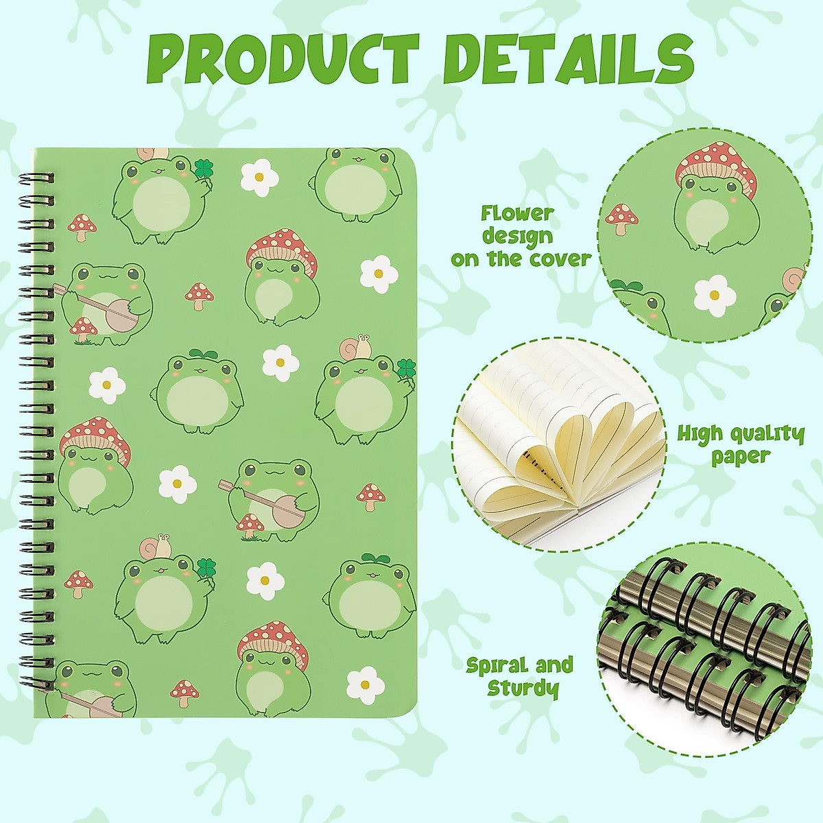 L1rabe 2 A5 Frog Spiral Notebooks Spring Back to School Cute Frog Playing Banjo Mushroom College Ruled Hardbound Notebooks, Travel Journal Diary Notepad for Kids Teens Students Easter Birthday Gifts