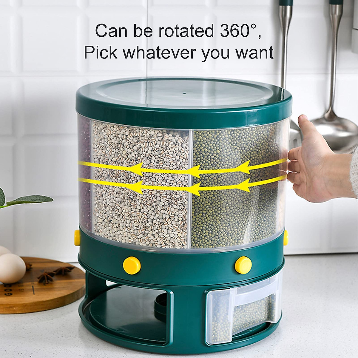 Large Rotating Food Dispenser Rice Dispenser 6-Grid Rice Bucket Whole Grains Rice Container Storage with Lid Dry Food Dispenser Storage Box for Kitchen White