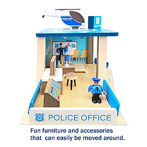 Wooden Police Station Playset Toy, Multicolor 3-Level Pretend Play Dollhouse Set with Figures, Car, Helicopter and Accessories, Preschool Learning Educational Toys for Toddlers Kids Age 3 and up