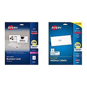 Avery Printable Business Cards, Laser Printers, 250 Cards, 2 x 3.5 (5371) & Easy Peel Printable Address Labels with Sure Feed, 1" x 2-5/8", White, 750 Blank Mailing Labels (08160)
