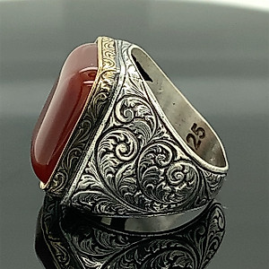 Men Handmade Ring, Red Agate Ring, Dark Aqeeq Gemstone Ring, Ottoman Style Ring, 925k Sterling Silver, Gift For Him
