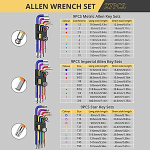 AMTOVL 27PCS Allen Key Set, Metric & SAE Allen Wrench Set, Extra Long Ball & Star End Hex Keys with T-Handle & Color Coding for Bicycle, Household DIY