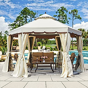 Erommy 12FT Outdoor Canopy Gazebo Hexagonal, Double Roof Patio Gazebo Steel Frame Pavilion with Netting and Shade Curtains for Garden,Patio,Party Canopy, Cream