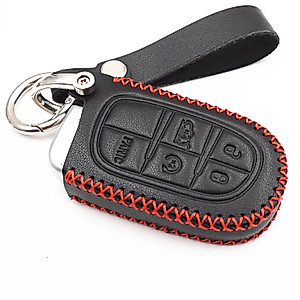 WFMJ Black Leather for Jeep Grand Cherokee Dodge Charger Challenger Dart Durango Journey Chrysler 300 5 Buttons Smart Remote Key Fob Case Cover Chain (type1)