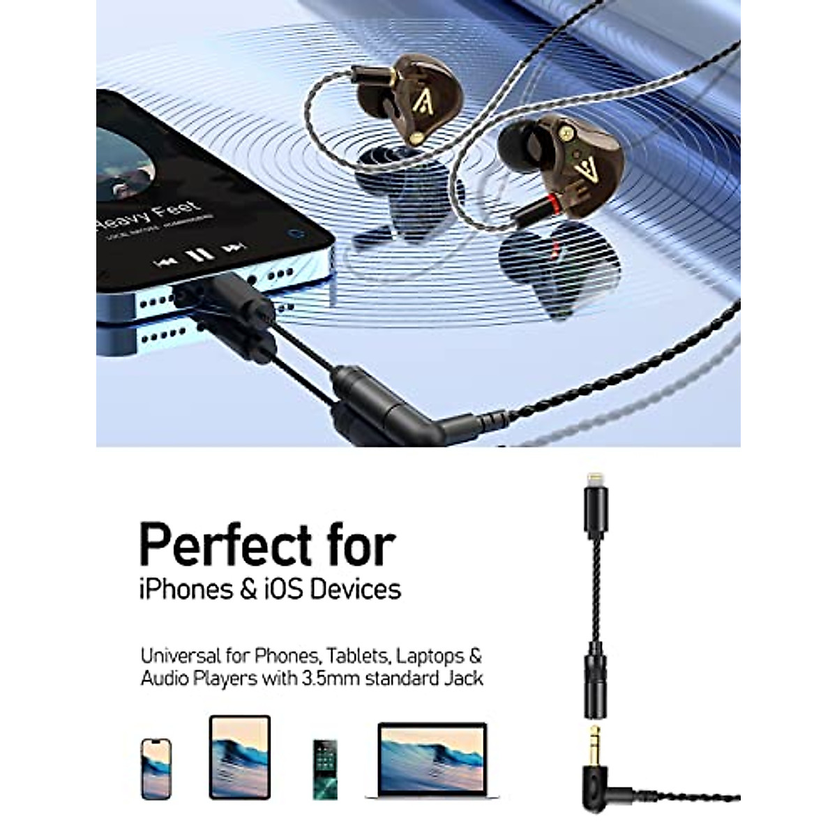 Audiovance Vibes 201ML Wired Earbuds in Ear Headphones with Mic, Lightning to 3.5mm Adapter & Braided Cord, Noise Isolating Bass Driven Earphones, Carry Case, Ear Buds Tips, 3.5mm Jack (Clear Brown)