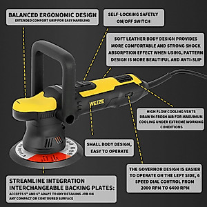 WEIZE Dual Action Polisher, 5 /6 Inch Random Orbital Buffer Polisher for Car Detailing, 2000-6400 OPM, 6 Variable Speed with Detachable Pads, Polishes & Compounds Kit Perfect for Boat, Car Polishing