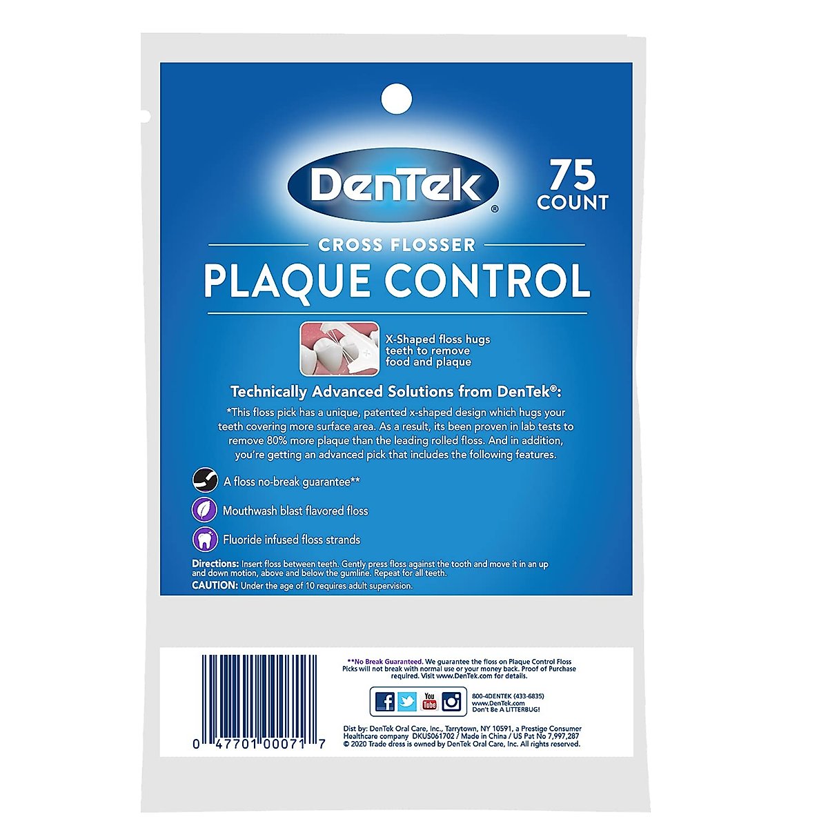 DenTek Cross Flosser Plaque Control Floss Picks, X-Shaped Floss, 75 Count, 3 Pack