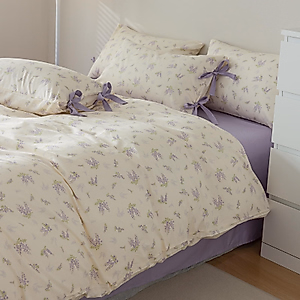 Lilac Floral Comforter Set Full Purple Flower Comforter Set Garden Fluffy Cute Floral Bedding Comforter Set Vintage Botanical Comforter for Girls Women 1 Floral Comforter with 2 Bow Ties Pillowcases
