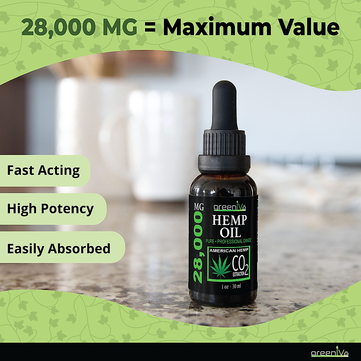 GreenIVe Hemp Drops 28,000mg Organically Grown Pure Hemp Oil Drops Vegan Omegas Natural Potent Results