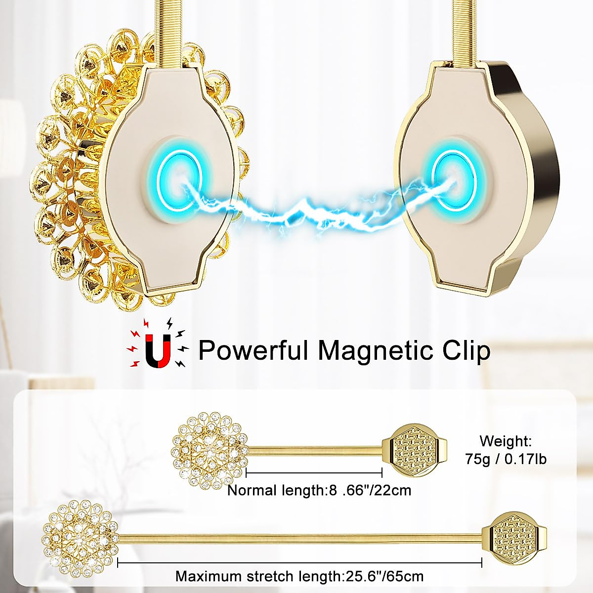 AULEEP Magnetic Curtain Tiebacks, 4 Pack Magnetic Crystal Decorative Drapes Curtain Clips Buckle, Flower Curtain Tie Back, European and American Style (Gold)