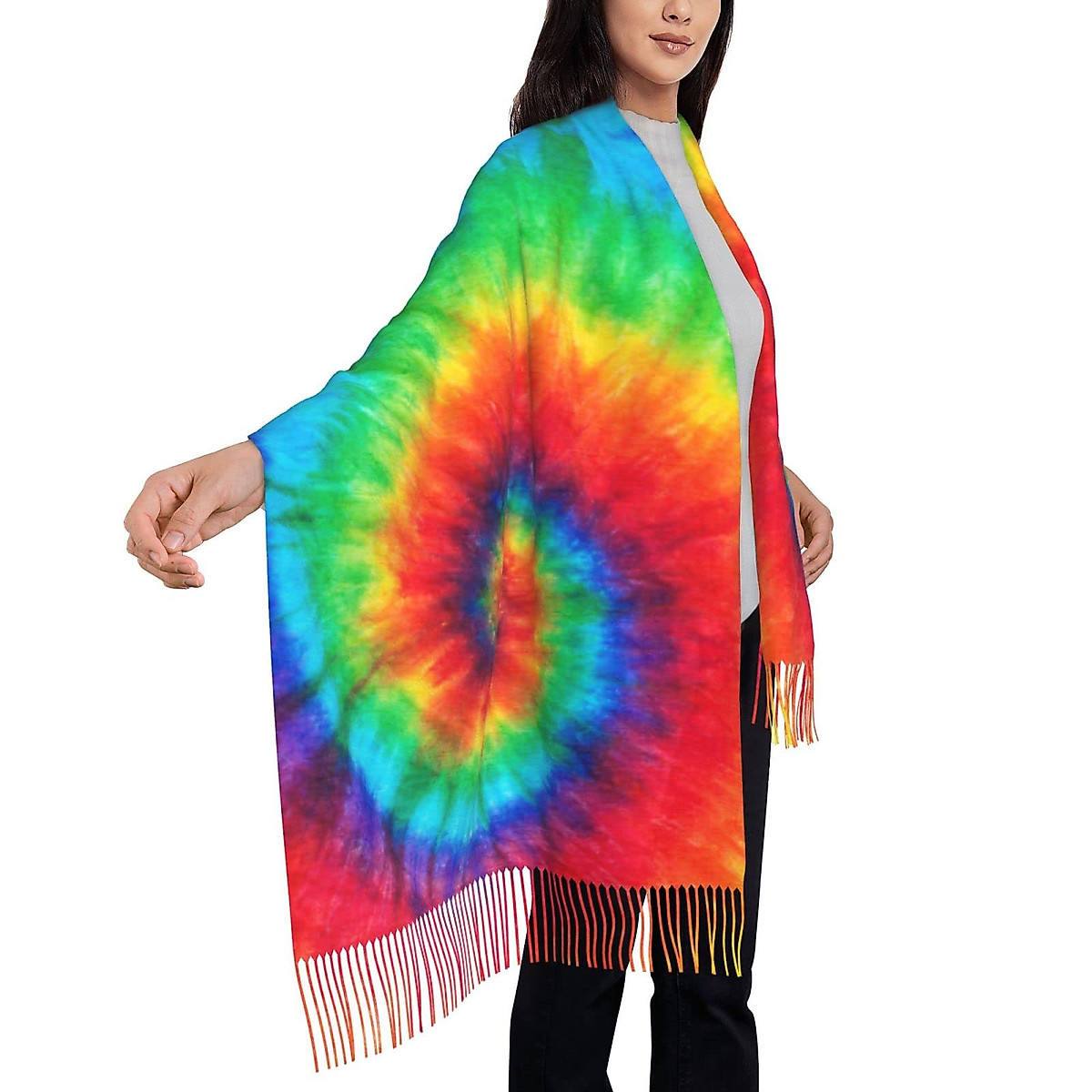FATTTYCY Spiral Rainbow Tie Dye Soft Blanket Scarf Long Warm Shawl Wraps Cashmere Fringe Scarfs For Women
