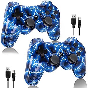 OUBANG 2 Pack Remotes Work with PS3 Controller Wireless, Cool Blue Gamepad Compatible with Playstation 3 Controller, Wireless Game Control for PS3 with Upgraded Joystick, Pa3 Controllers for PS3 Gift