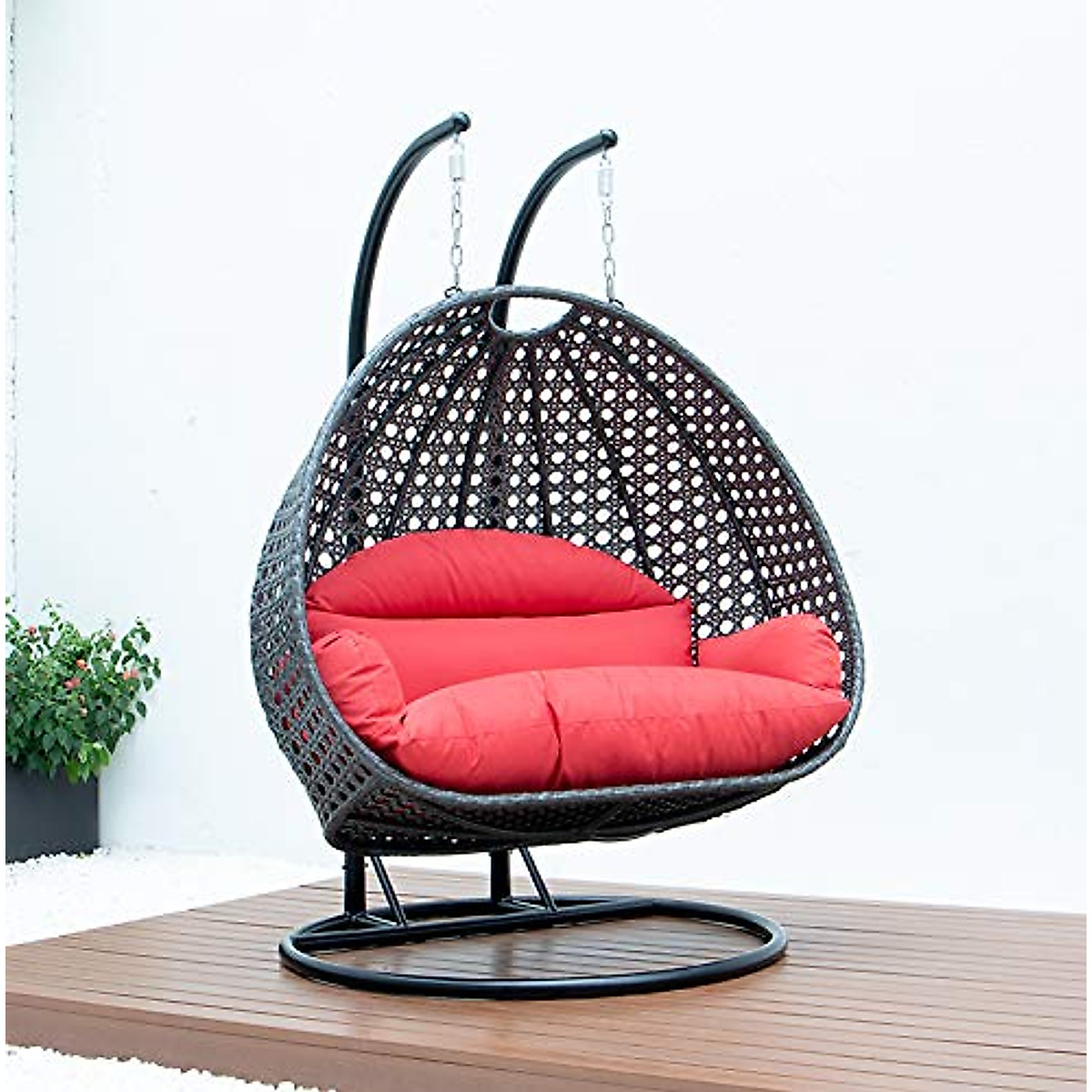 LeisureMod 2 Person Hanging Double Swing Chair, X-Large Wicker Rattan Egg Chair with Stand and Cushion for Indoor Outdoor Patio Garden (Red)