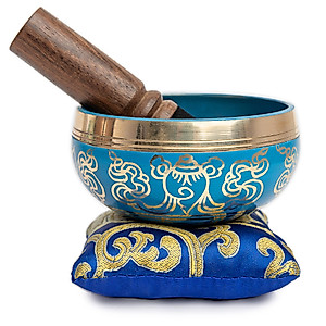 Tibetan Singing Bowl Set Blue - Easy To Play for Beginners - Authentic Handcrafted Mindfulness Meditation Holistic Sound 7 Chakra Healing Gift by Himalayan Bazaar
