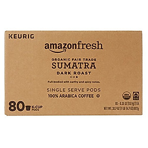 AmazonFresh 80 Ct. Organic Fair Trade K-Cups, Sumatra Dark Roast, Keurig K-Cup Brewer Compatible
