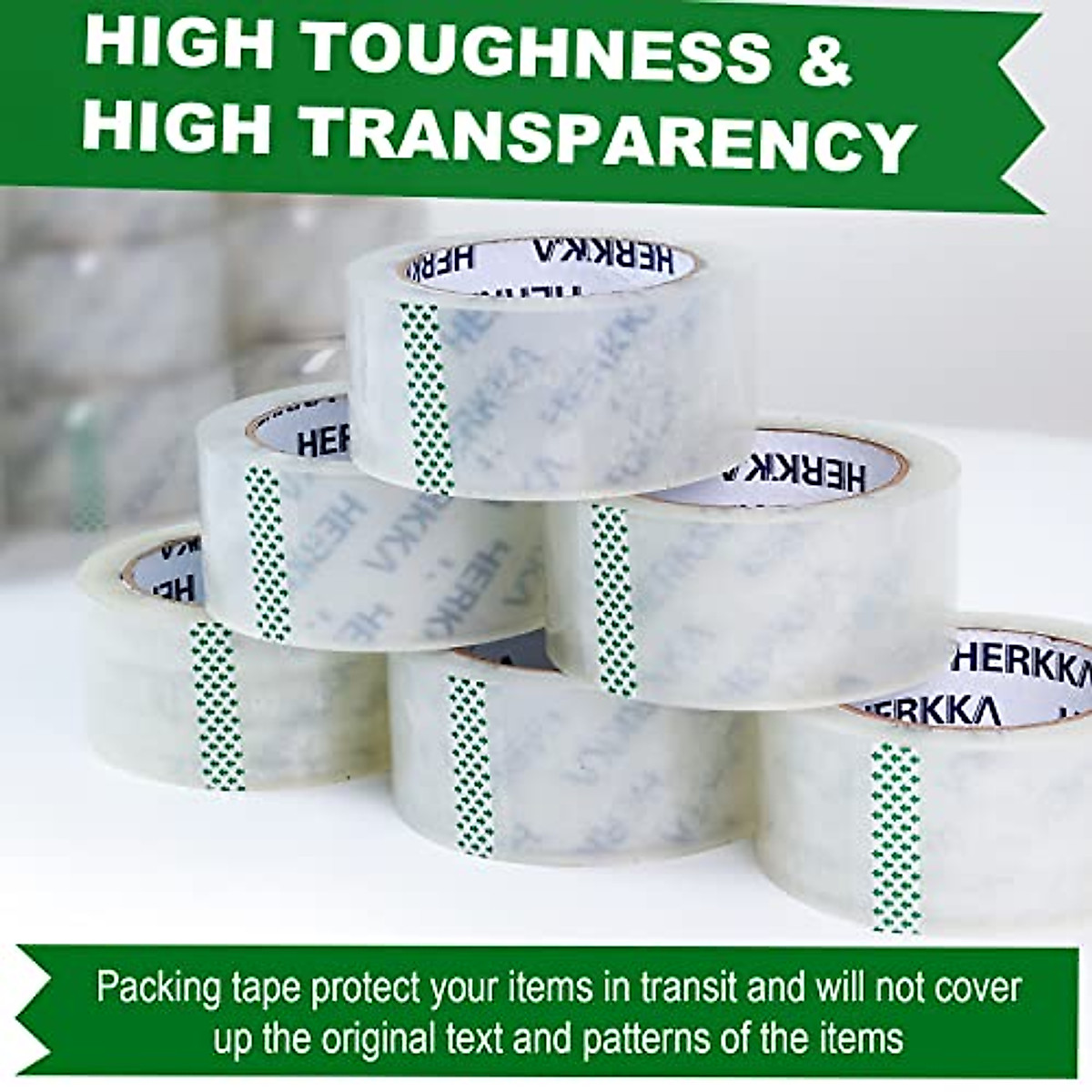HERKKA Clear Packing Tape, 24 Rolls Heavy Duty Packaging Tape for Shipping Packaging Moving Sealing, Thicker Clear Packing Tape, 1.88 inches Wide, 65 Yards Per Roll, 1560 Total Yards