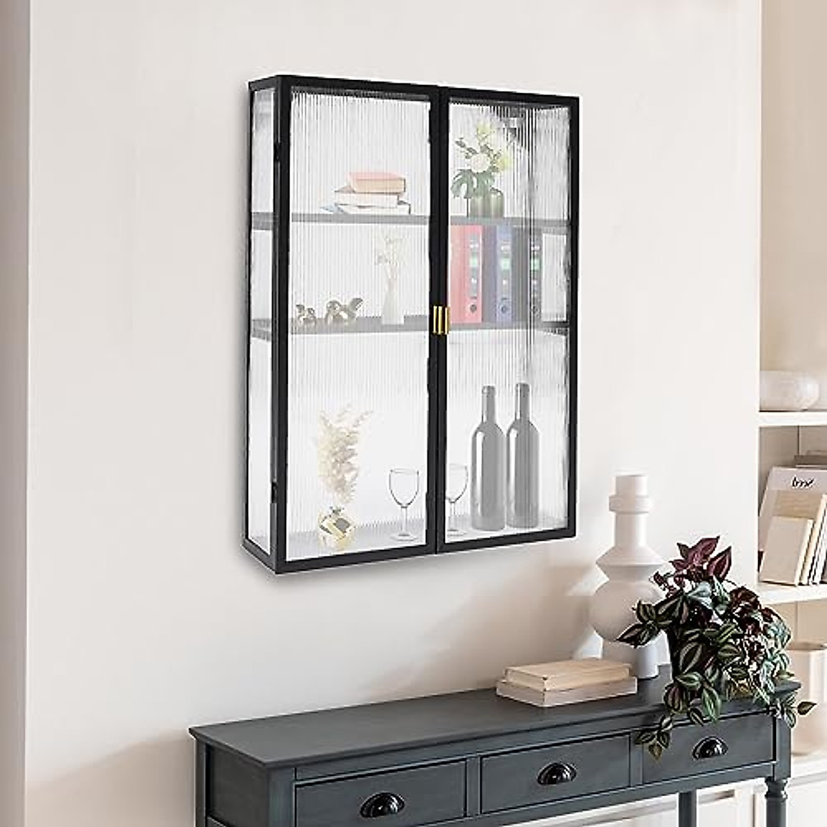 JINHZIXIU Retro Style Haze Double PC Door Wall Cabinet Display Cupboard with Detachable Shelves Enclosed Storage Cabinet for Office Dining Room Living Room Kitchen Bathroom Black