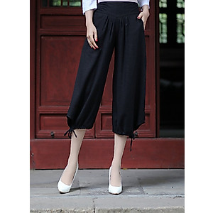 Shanghai Story Women Linen Elastic Waistband Wide Leg Capri Pants Black XL