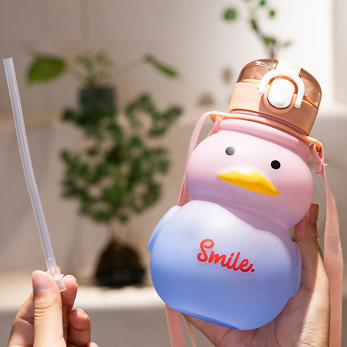 ZTGD Cute Water Bottle 650ml for Student,Lady,Kid,Kawaii Leakproof Duck Water Cup with Straw Lock Design Suspender One Key Open and Transparent Lid Pink