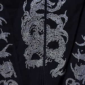 NJNJGO Womens Zip Up Skeleton Glitter Gothic Y2K Jacket, Rhinestone Punk Dark E-Girl Hooded Sweatshirt