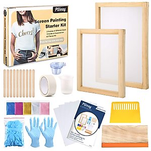 Pllieay 42 Pieces Screen Printing Kit with Instructions, Include 2 Pieces Wood Silk Screen Printing Frames, 5 Colors Fine Glitter, Screen Printing Squeegee, and Waterproof Transparency Films