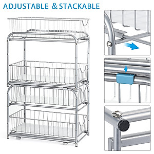 MOOACE 2 Pack Stackable 2-Tier Under Sink Cabinet Organizer with Sliding Storage Drawer, Sliding Basket Organizer for Kitchen, Bathroom, Pantry, Cabinet, Silver