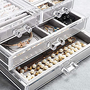 Frebeauty Acrylic Jewelry Box 4 Drawers,Clear Jewelry Organizer Velvet Rings Necklaces Earring Bracelets Display Case Stand Holder Tray for Women Girls (Gray)