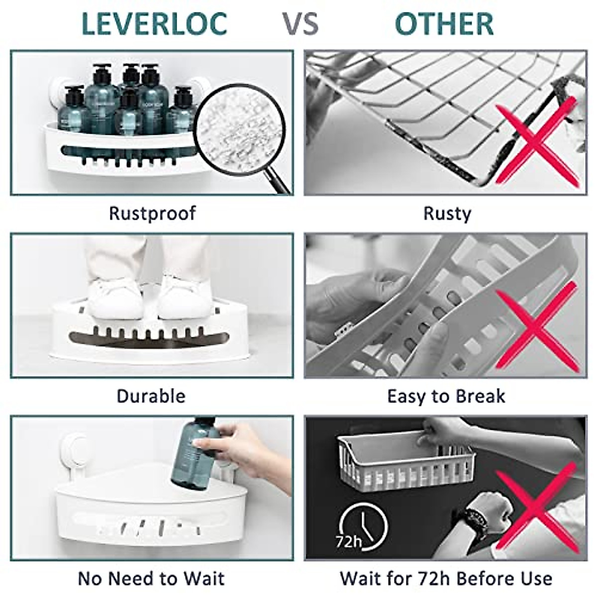 LEVERLOC Corner Shower Caddy Suction Cup NO-Drilling Removable Bathroom Shower Shelf Heavy Duty Max Hold 22lbs Caddy Organizer Waterproof & Oilproof Shower Corner Rack for Bathroom & Kitchen - White