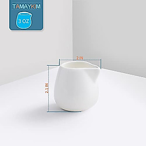 TAMAYKIM 3 oz Ceramic Cream Jugs, Mini Creamer Pitcher, White Porcelain Classic Creamers for Coffee, Tea, Milk, Jam, Sauces, 6 Pack