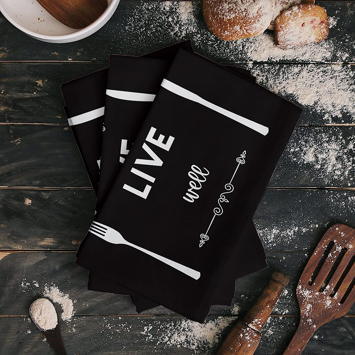 Kitchen Towels Microfiber Cleaning Cloths, Kitchen Elements Black Eat Good Laugh Often Live Well Soft Dish Towels for Kitchen, Pack of 2 Absorbent Hand Towels Reusable Tea Towels,Bar Towels,18x28 Inch