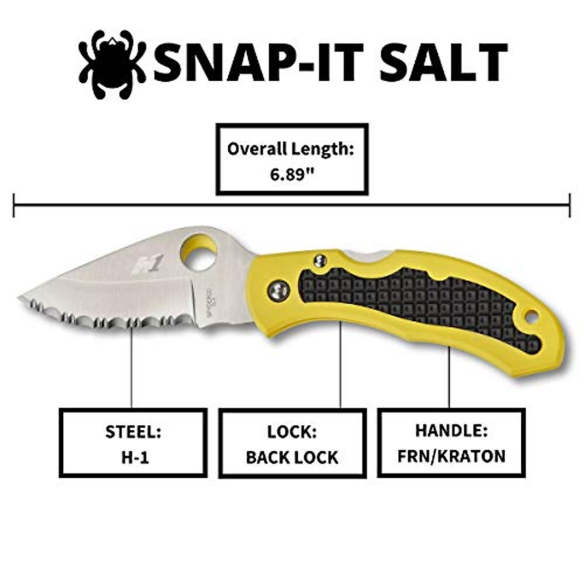 Spyderco Snap-It Salt Knife with 2.96" H-1 Corrosion-Resistant Steel Blade and Black/Yellow Lightweight FRN Handle - SpyderEdge - C26SYL