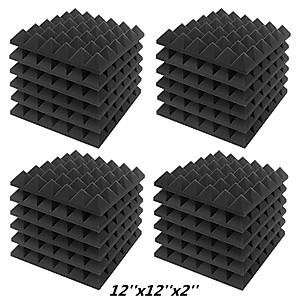JBER Acoustic Sound Foam Panels, 24 Pack 2" X 12" X 12" Charcoal Soundproofing Treatment Studio Wall Padding Sound Absorbing Fireproof Pyramid