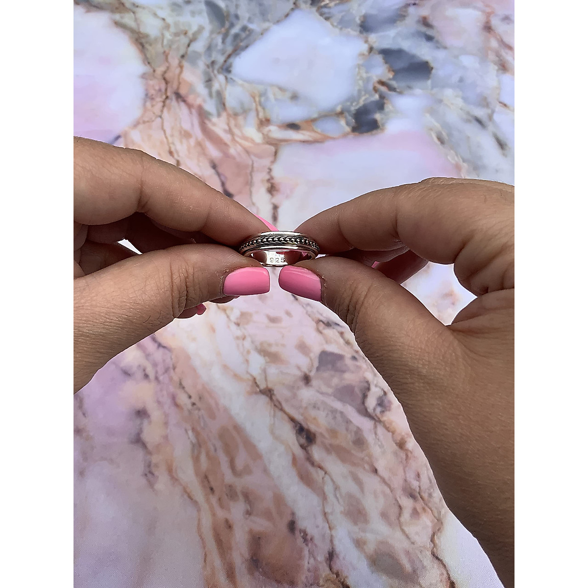 SILVERCLOSEOUT Rhodium Plated 925 Sterling Silver Unisex Oxidized Bali Style Fidget Spinner Anxiety Relief Ring - Size 8