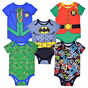 WARNER BROS Boy's 5-Pack Batman, Robin, Joker and Riddler Character Creepers, 9 Months