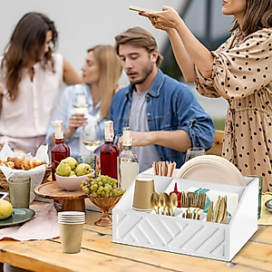 Paper Plate Dispenser, Paper Plate Holder for Kitchen Counter, Wood Rustic Silverware Utensil Caddy, Cutlery Flatware Organizer Box for Cups Spoons Forks Plates Napkins, Kitchen Accessories (White)