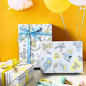 WRAPAHOLIC Baby Boy Wrapping Paper Roll - Cute Bear and Small Pin Design Perfect for Celebration, Party, Baby Shower Present Packing - 4 Rolls - 30 inch X 120 inch Per Roll