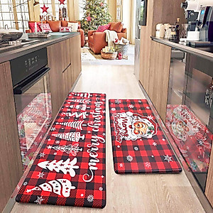 INFISIBLE Christmas Anti Fatigue Kitchen Rugs and Mats Set of 2, Red and Black Buffalo Plaid Kitchen Floor Mats Cushioned Non Slip Washable, Christmas Tree Kitchen Mat Santa Claus Xmas Decor