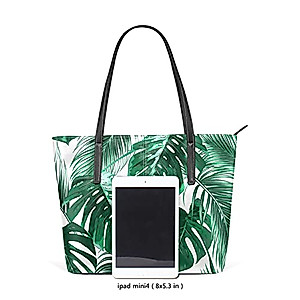 Leather Tote Bag for Women with Zipper Handbags Shoulder Bag Tropical Palm Monstera Leaf Pockets Work Travel Small Office Business