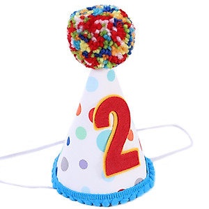 WAHAWU Baby Costume Headwear, 2nd Birthday Party Hat - Primary Colors, Handmade Baby Hat, Baby Girls/Boys Birthday Confetti Cone Hat, Colored Fur Balls Hat