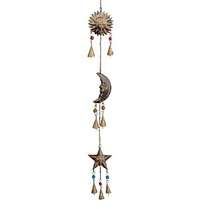 Mie Creations Sun Moon Star Face Wall Hanging Décor Chime Bells | Metal Cutouts Ornaments, Crescent Moon Phases Garland Art | Celestial, Earthy Decorations | Wicca Pagan Christmas Décor -Antique Gold