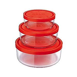 Bormioli Rocco Gelo 3pc Storage Glass Container Set with Red Lid, 11.62, 24.37, 44.62oz, Clear